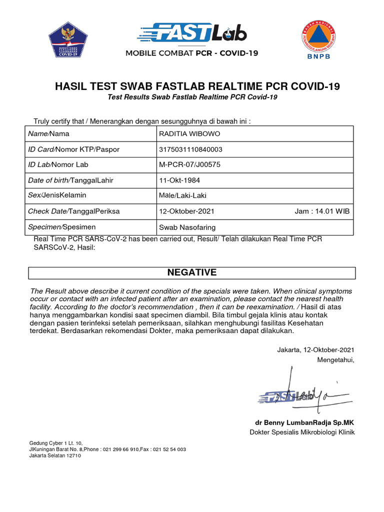 Hasil Lab Test PCR - 12okt - Adit | PDF