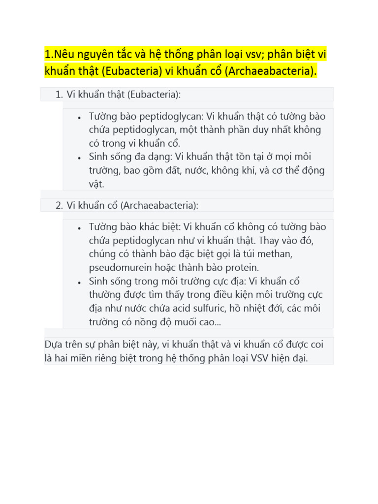 1.Nêu nguyên tắc và hệ thống phân loại vsv; phân biệt vi khuẩn thật (Eubacteria) vi khuẩn cổ ...