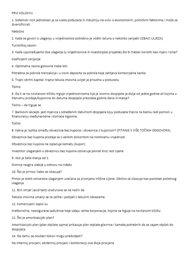 Financijski Men. K1 I K2 PITANJA - ANTEA !! | PDF