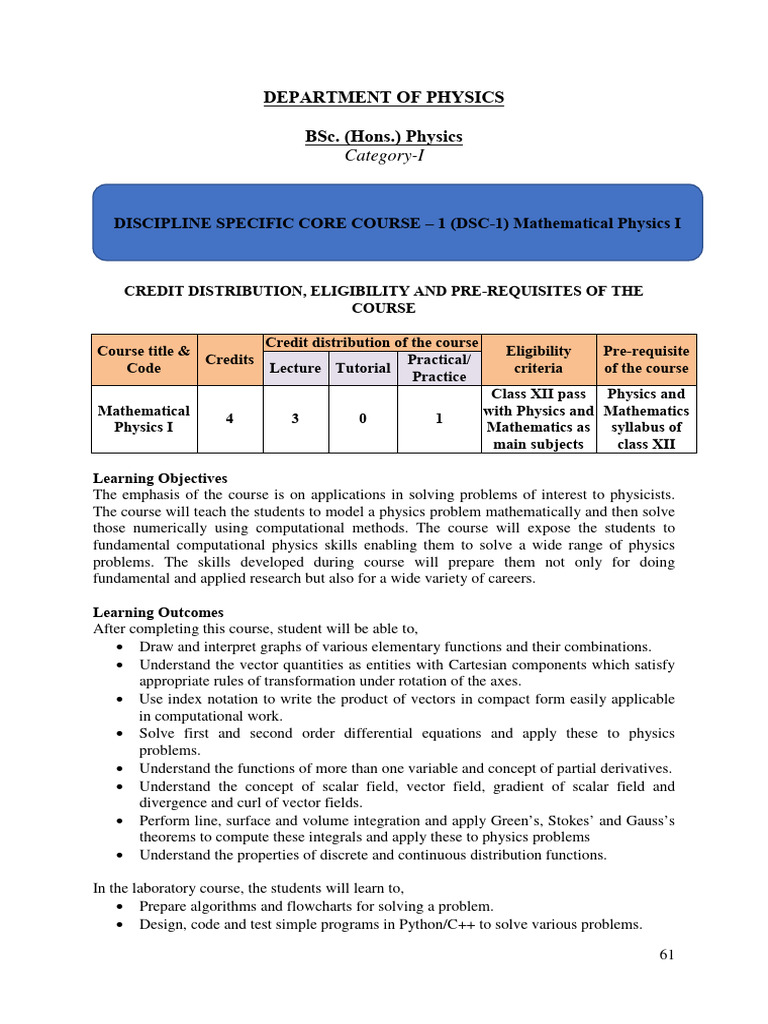 Department of Physics Bsc. (Hons.) Physics: Discipline Specific Core ...