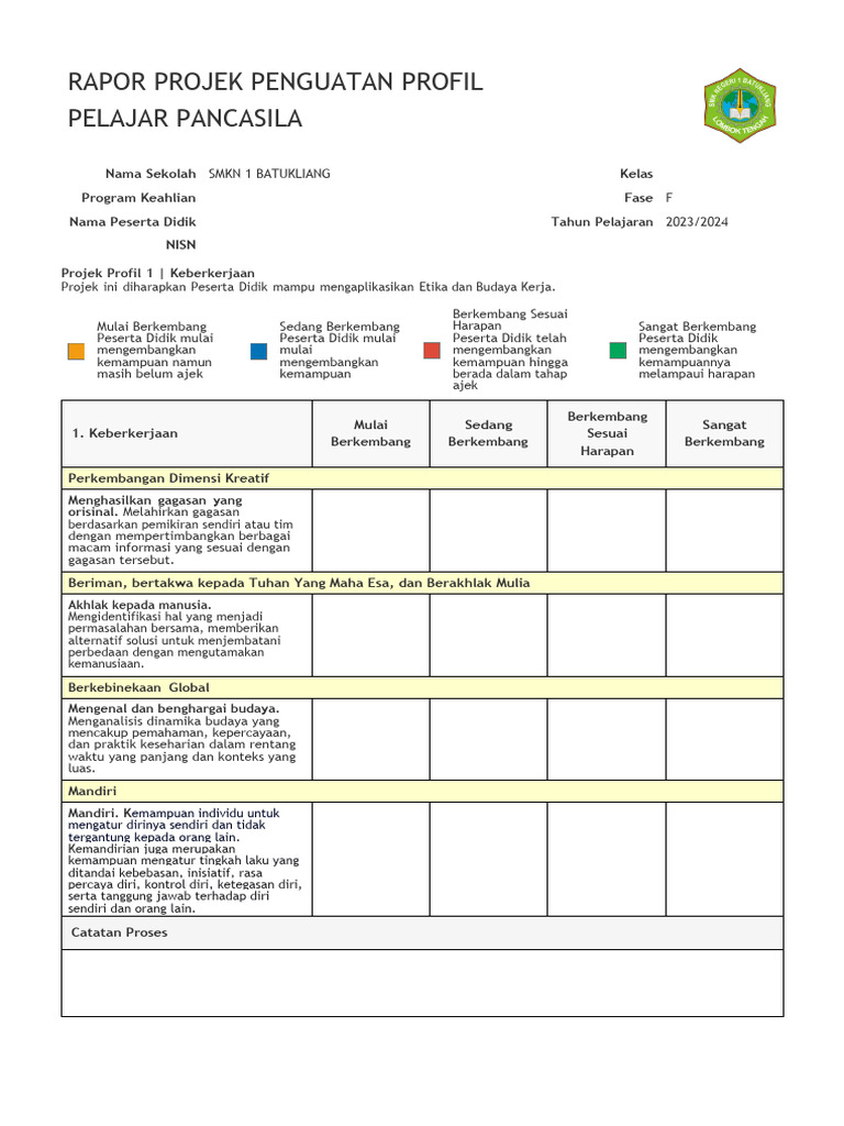 Form Penilaian - P5 | PDF
