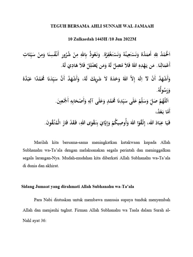 Teguh Bersama Ahli Sunnah Wal Jamaah 10 Zulkaedah 1443H /10 Jun 2022M | PDF