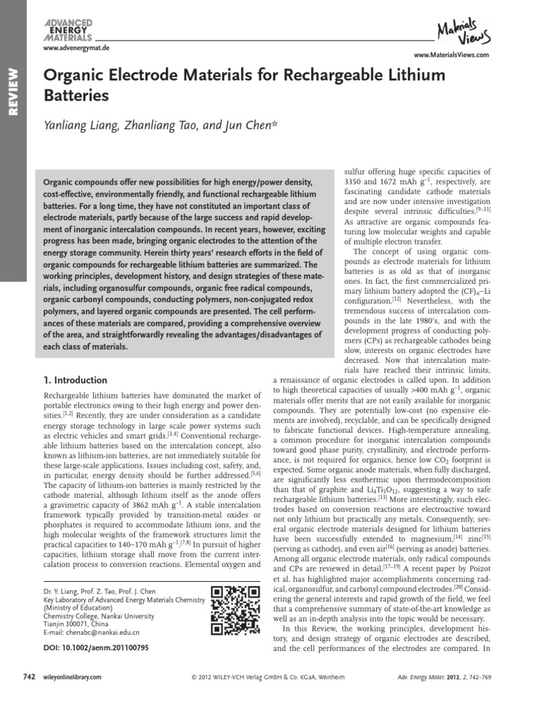 Advanced Energy Materials - 2012 - Liang - Organic Electrode Materials For Rechargeable Lithium ...