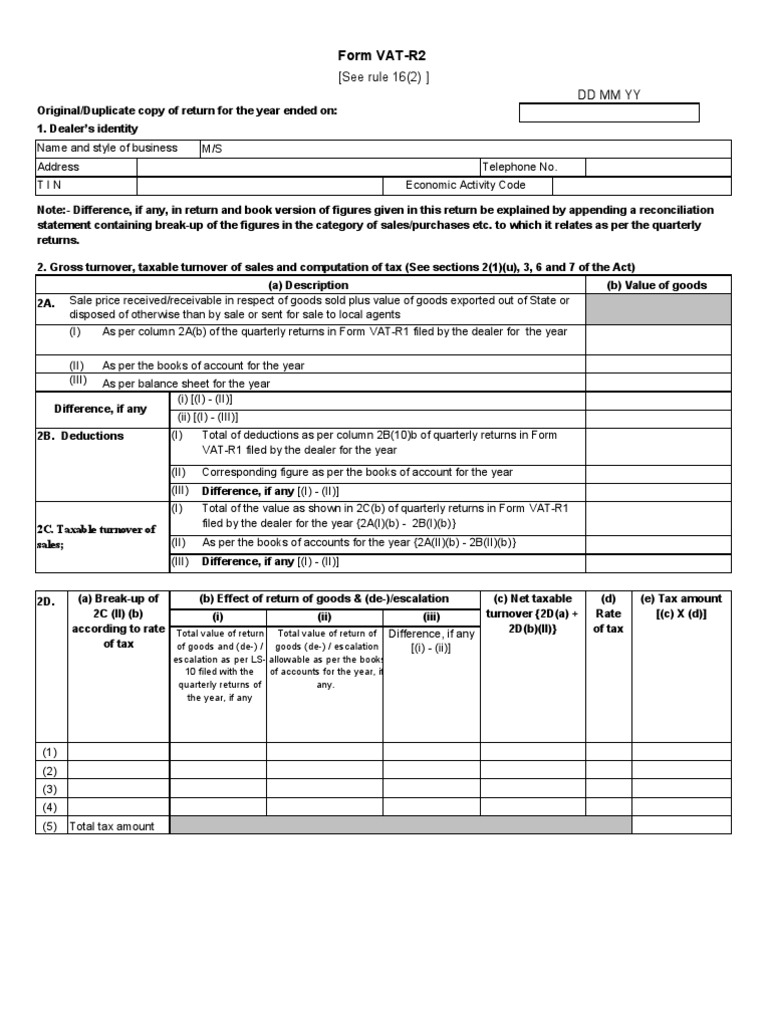 Form VAT-R2: (See Rule 16 (2) ) Ddmmyy | PDF | Value Added Tax | Taxes
