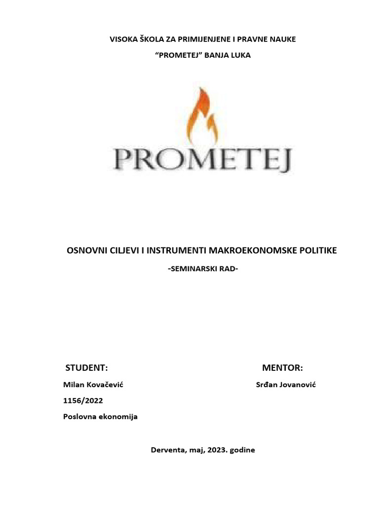 Visoka Škola Za Primijenjene I Pravne Nauke Makroekonomija Seminarski | PDF