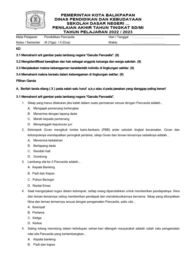 Soal Pat PPKN Kelas 3 Semester 2 2022-2023 | PDF