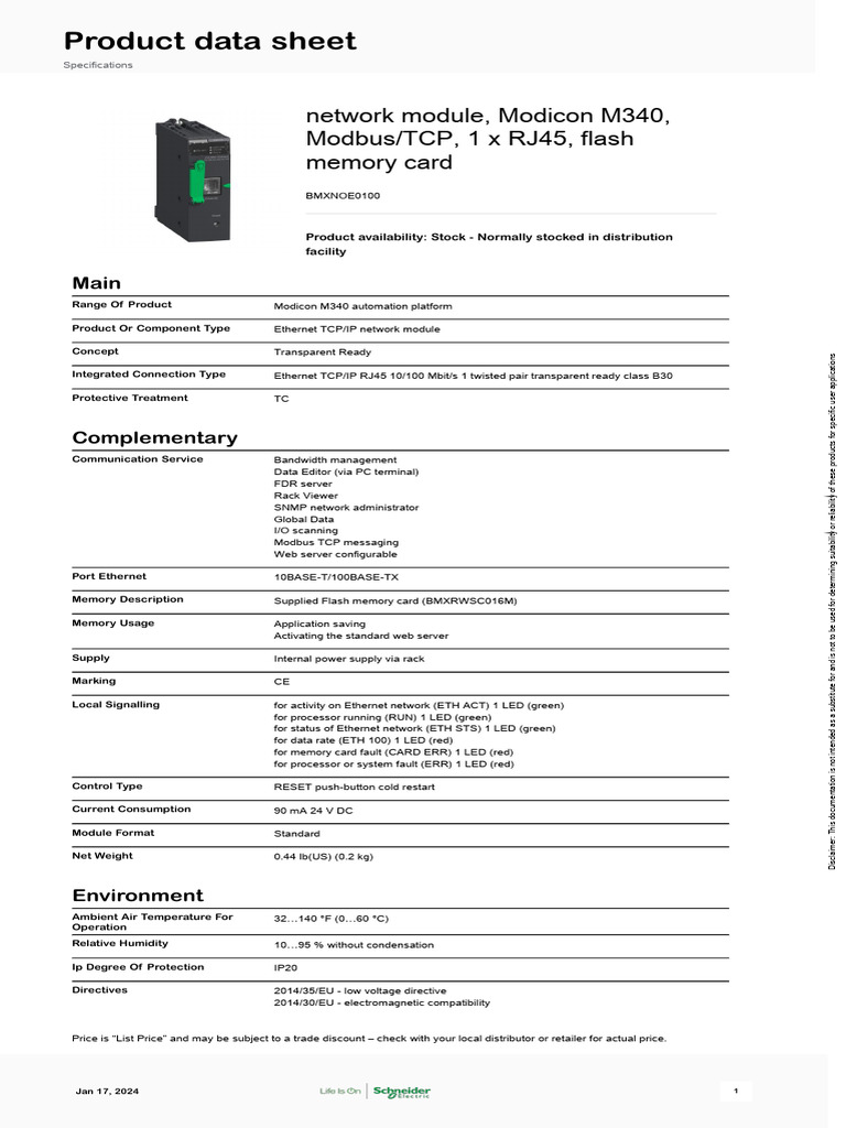 Modicon M340 Ethernet Module BMXNOE0100 | PDF | Programmable Logic ...