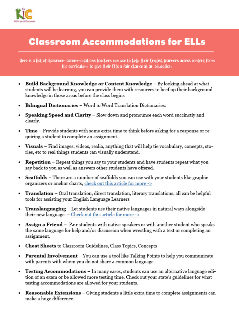 Accommodations for ELLs in Classrooms | PDF | English As A Second Or ...