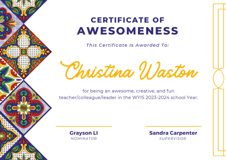 Certificate of Awesomeness 2023-2024 | PDF
