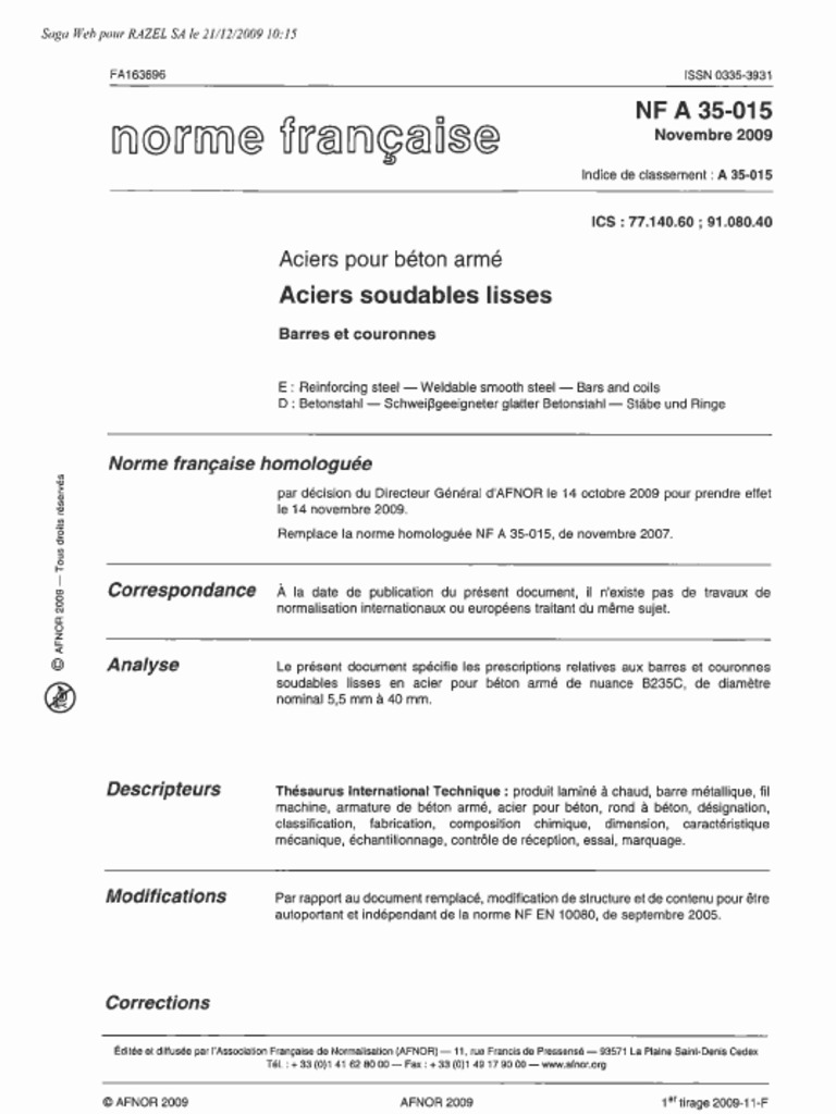 NF A 35-015 - 2009 - Aciers Pour Béton Armé - Aciers Soudables Lisses | PDF