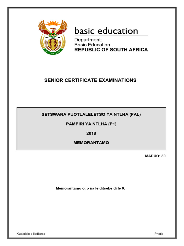 Setswana FAL P1 May-June 2018 Memo | PDF