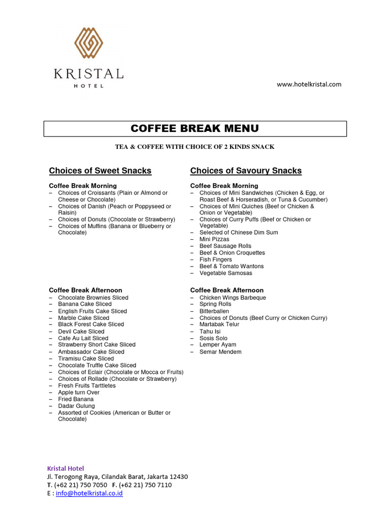 Coffee Break Menu at Kristal Hotel | PDF | Cakes | Food And Drink