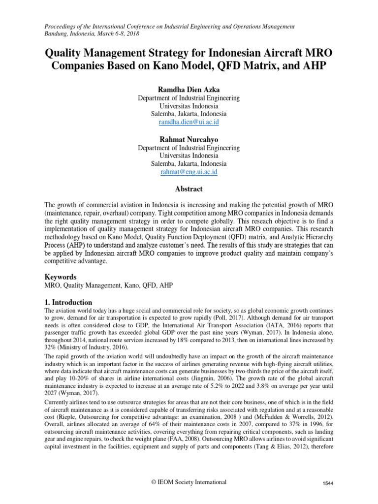 Quality Management Strategy For Indonesian Aircraft MRO Companies Based ...