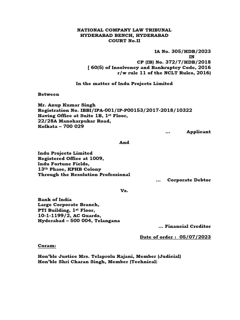 NCLT Order on Indu Projects Resolution Plan | PDF | Guarantee | Bankruptcy