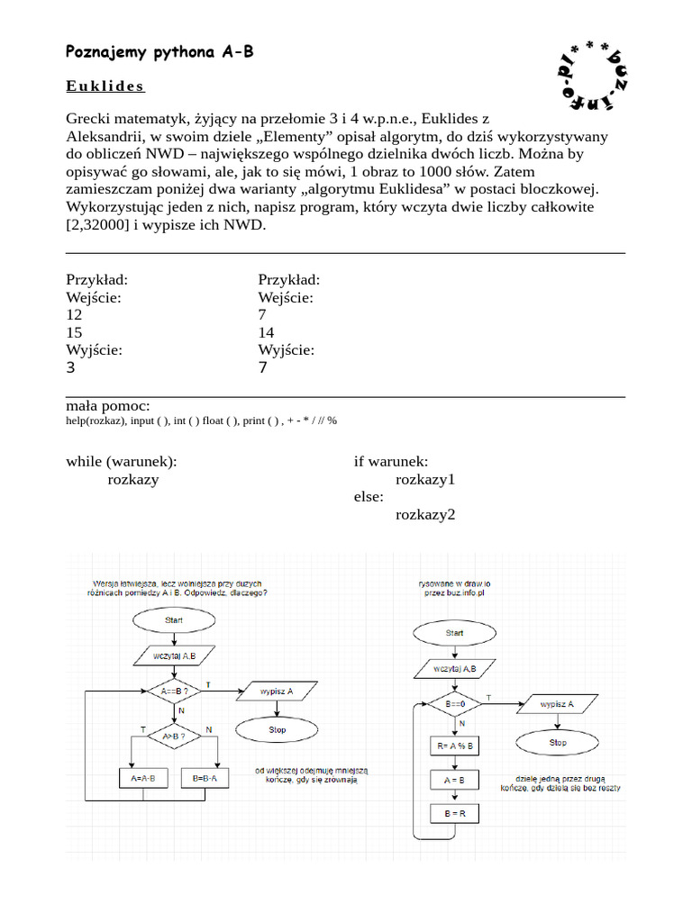 Poznajemy Pythona A-B Euklides: Help (Rozkaz), Input, Int Float, Print, + - / // % | PDF