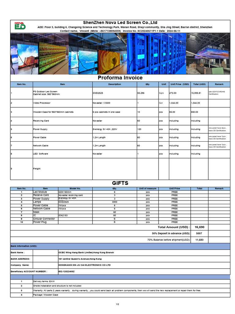Proforma Invoice for LED Screens | PDF | Personal Computers | Electronics