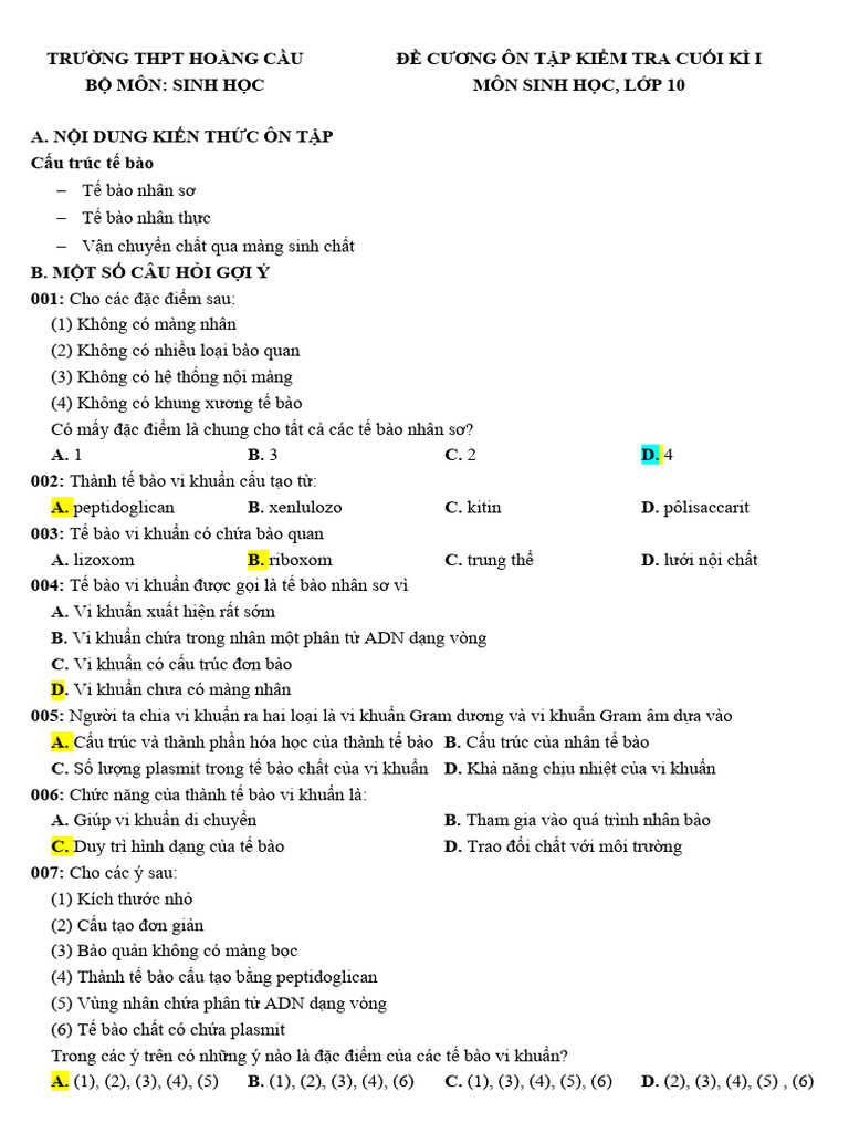 HC - Đề cương Sinh 10D - HK I | PDF