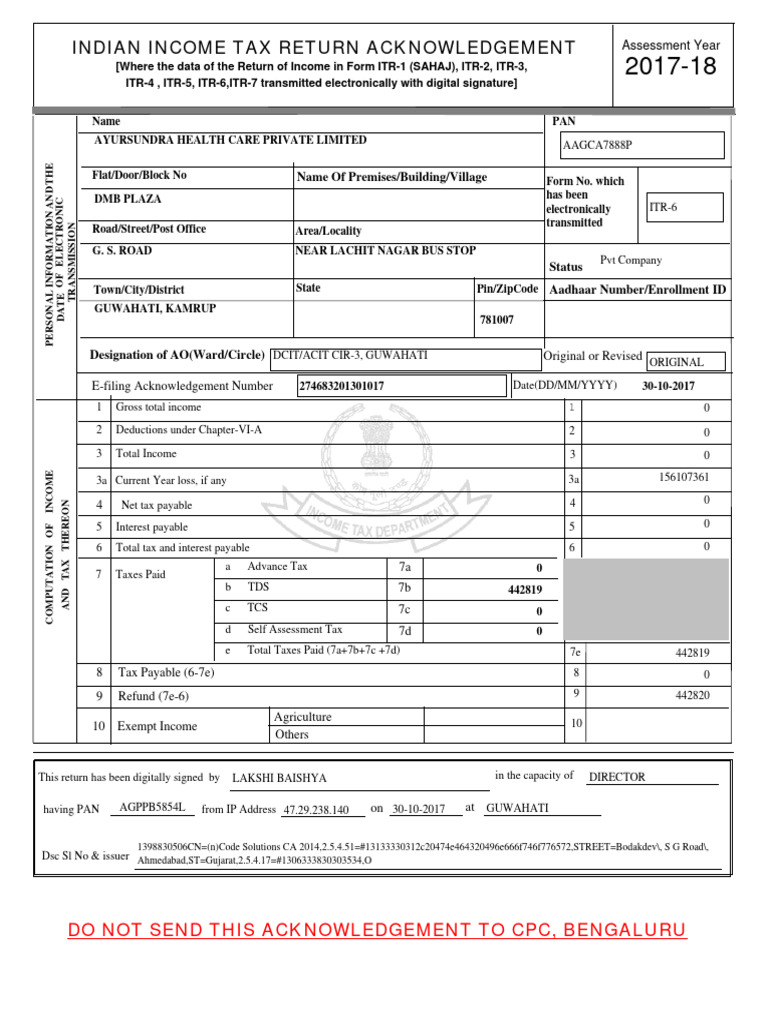 Income Tax Return Acknowledgement Sample | PDF | Public Finance | Taxes