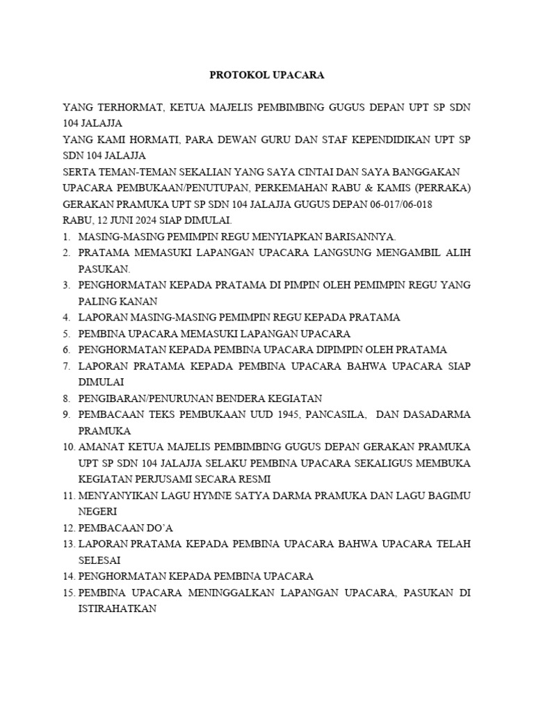 Protokol Upacara Pembukaan Persami | PDF | Karier & Perkembangan