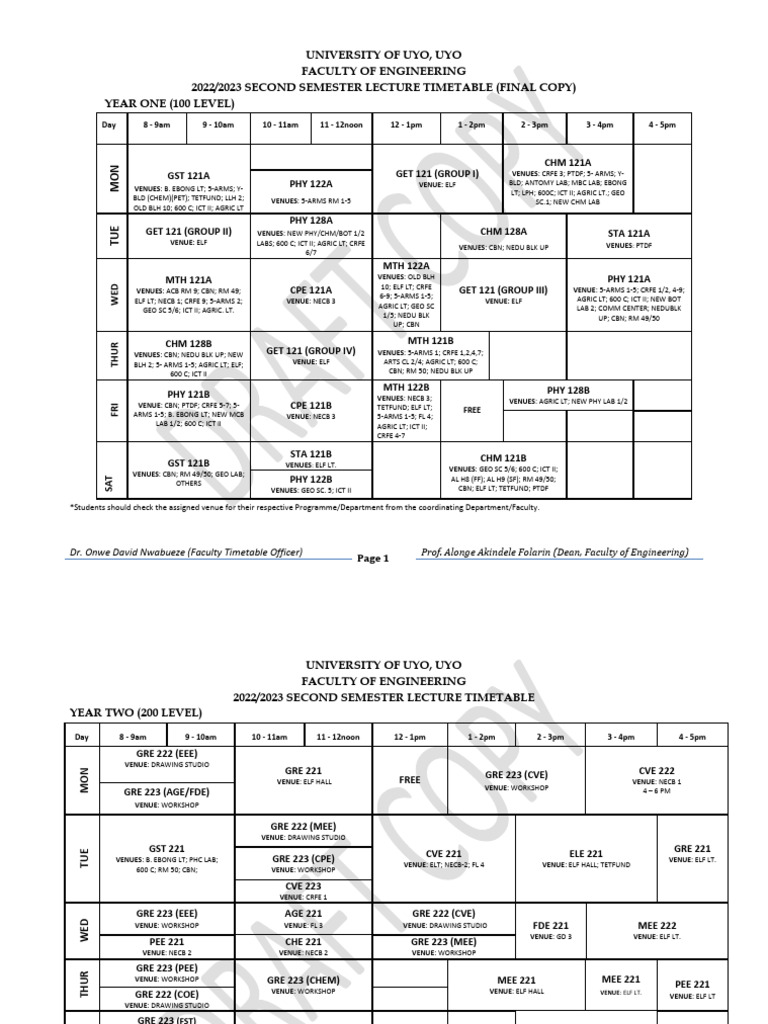 2022-2023 Second Semester Timetable Draft Copy-1 | PDF