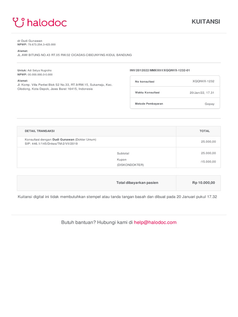 Kuitansi Konsultasi Halodoc Dokter Umum | PDF
