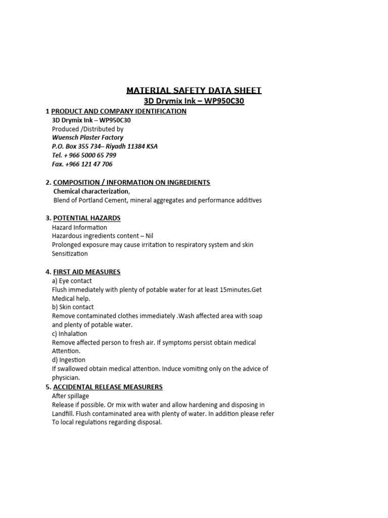 MSDS WP 950C30 | PDF | Water | Hazards