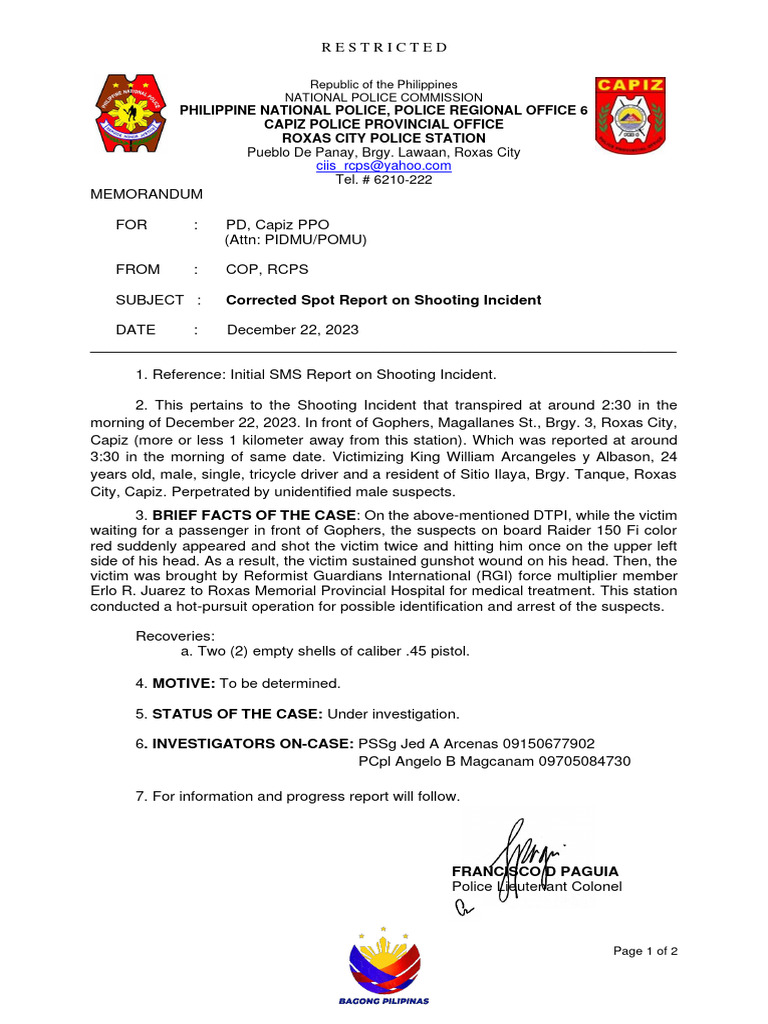 Spot Report on Shooting Incident F | PDF | Murder | Gun Violence