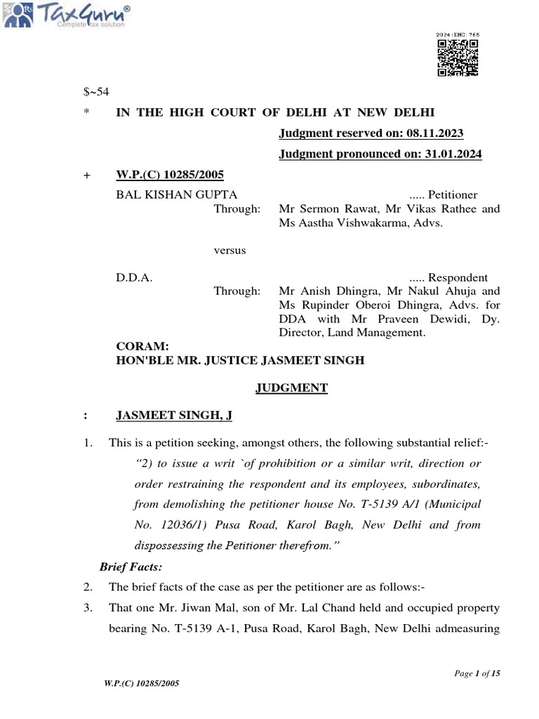Bal Kishan Gupta Vs D.D.A Delhi High Court | Download Free PDF | Judgment (Law) | Lawsuit