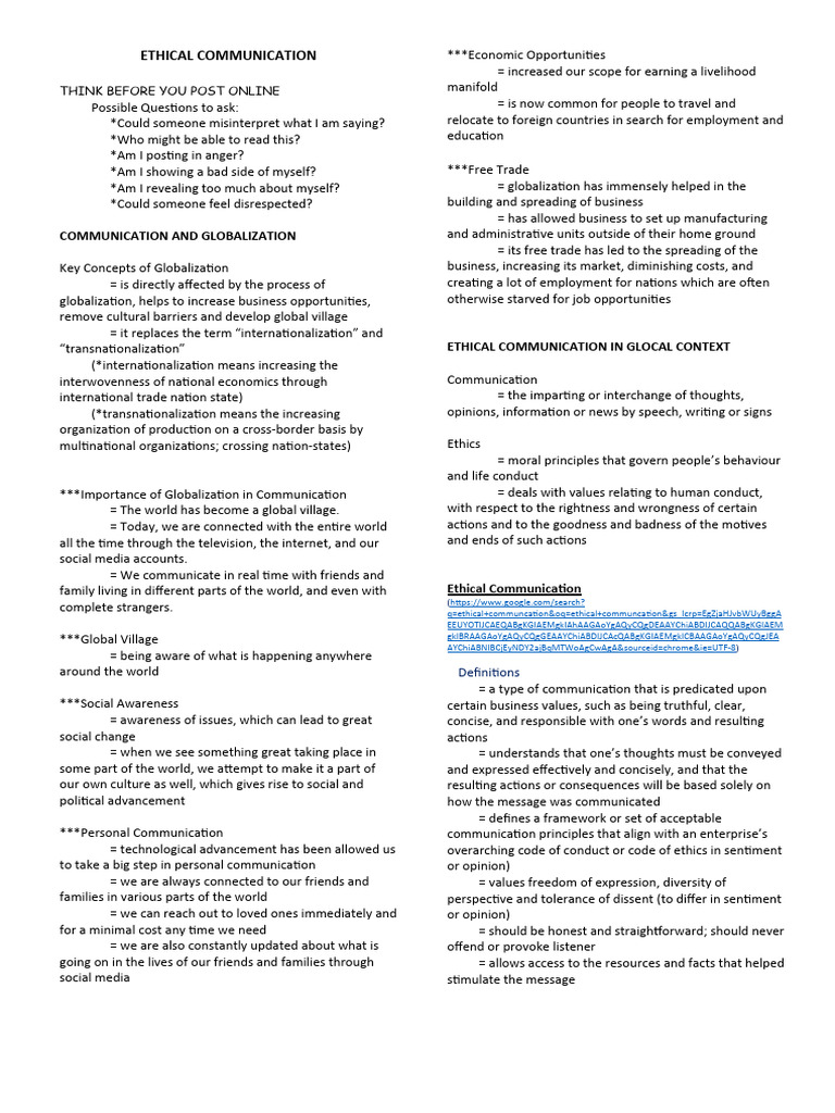 ETHICAL COMMUNICATION Purposive Communication 2 | PDF | Communication ...