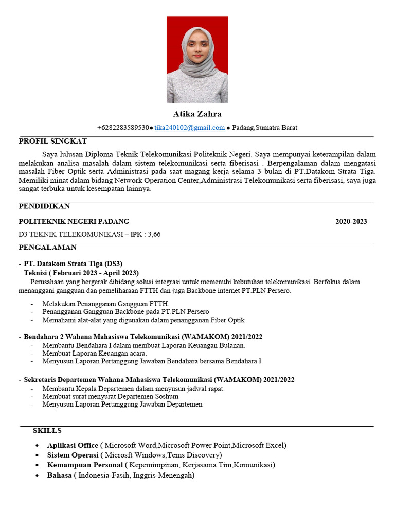 CV Dan Surat Lamaran Atika Zahra | PDF