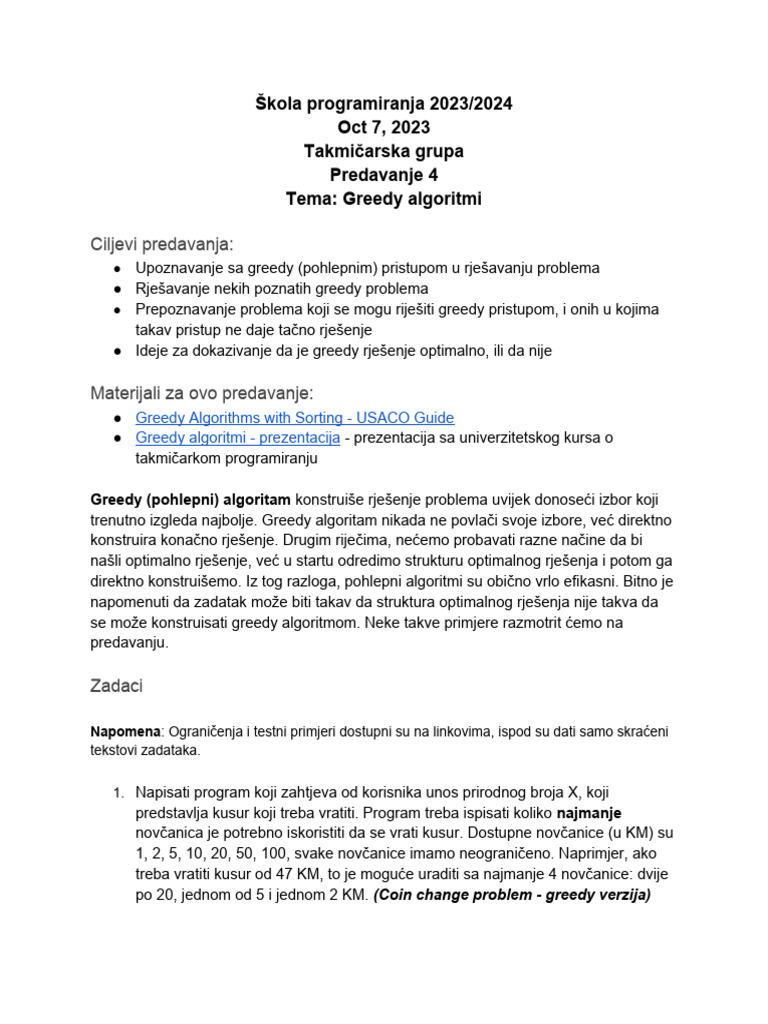 Predavanje 4 - Greedy Algoritmi | PDF