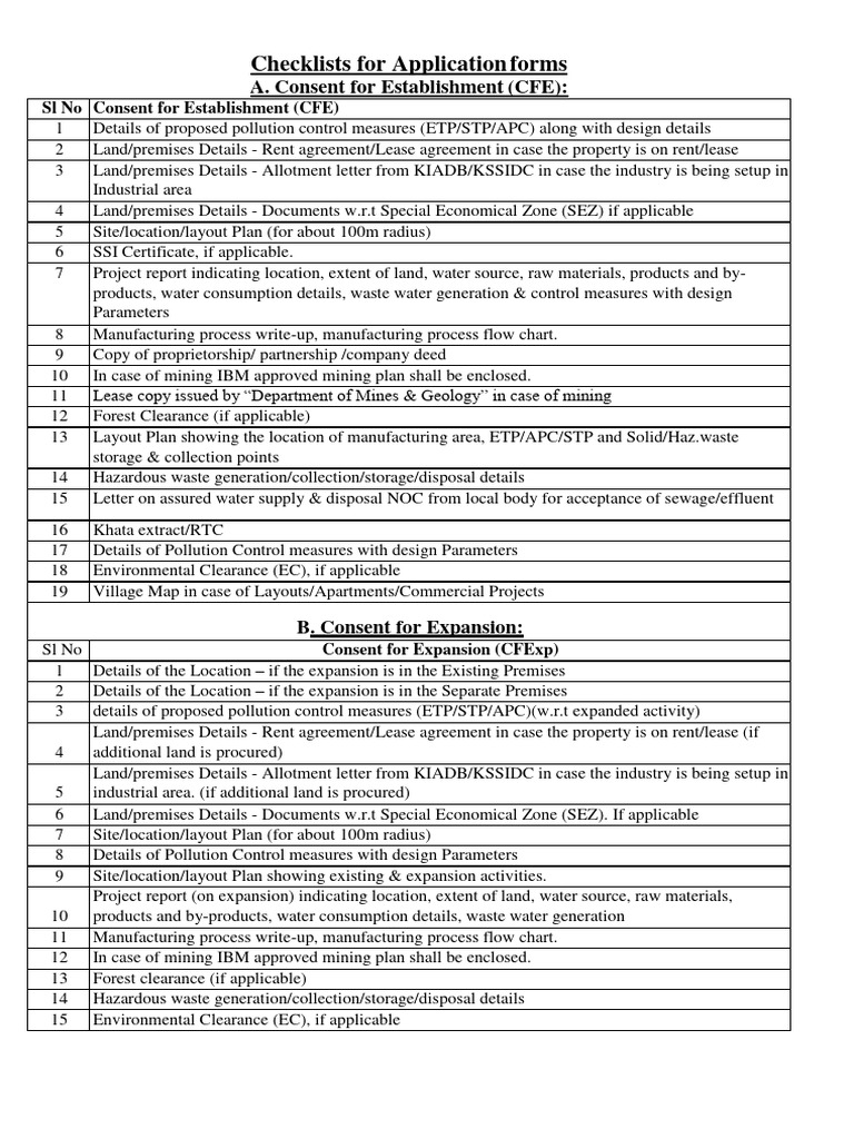 KSPCB CFE Approval Checklist | PDF | Hazardous Waste | Waste