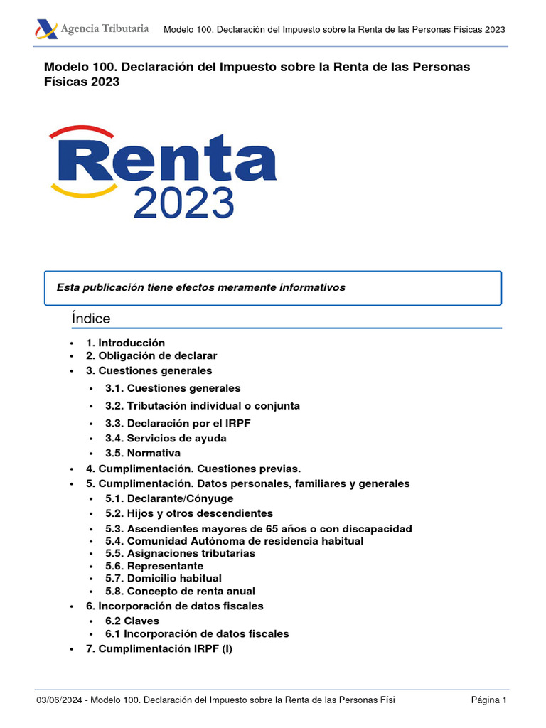 Modelo 100. Declaración Del Impuesto Sobre La Renta de Las Personas ...
