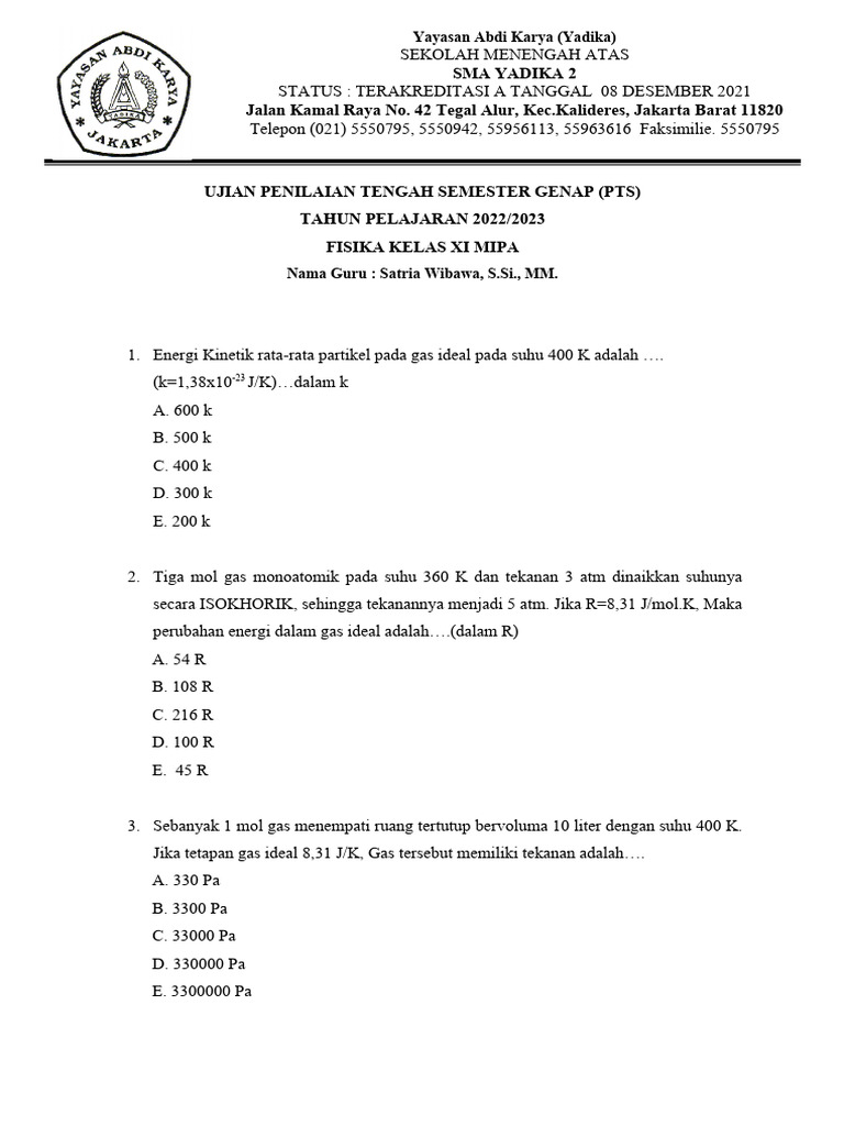 MASTER SOAL PG FISIKA XI MIPA PTS Genap 2022-2023 | PDF | Sains & Matematika