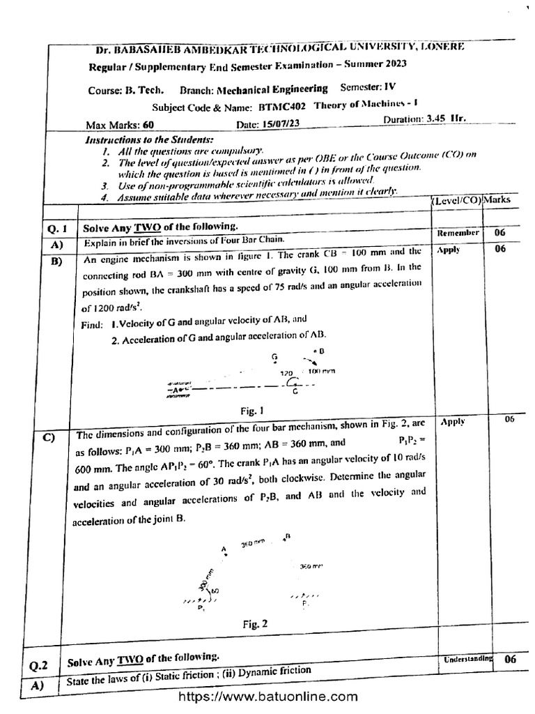 Btech Mech 4 Sem Theory of Machines 1 Btmc402 July 2023 | PDF