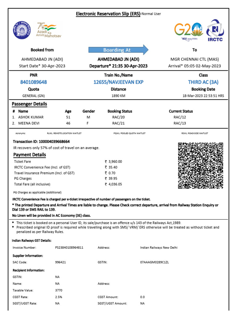 12655/navjeevan Exp Third Ac (3A) | PDF | Identity Document