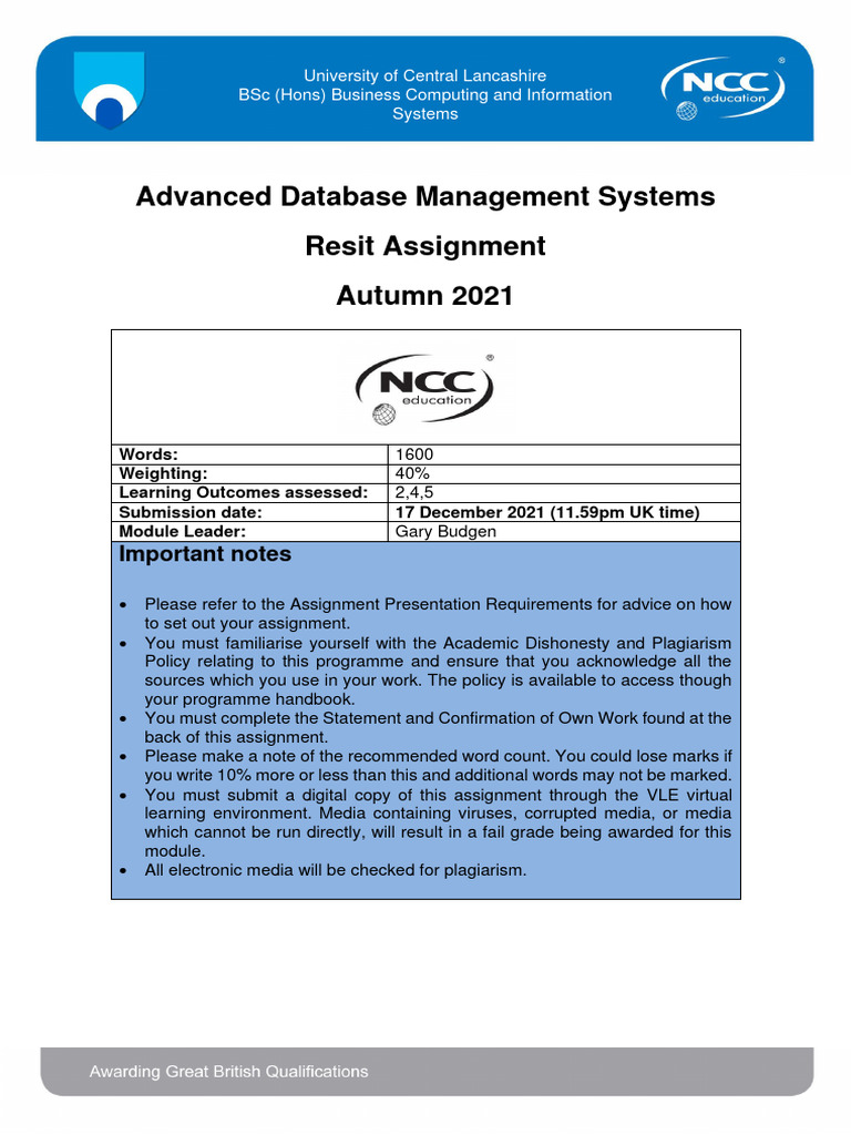 ADMS Assignment Resit Autumn 2021 | PDF | Databases | Plagiarism