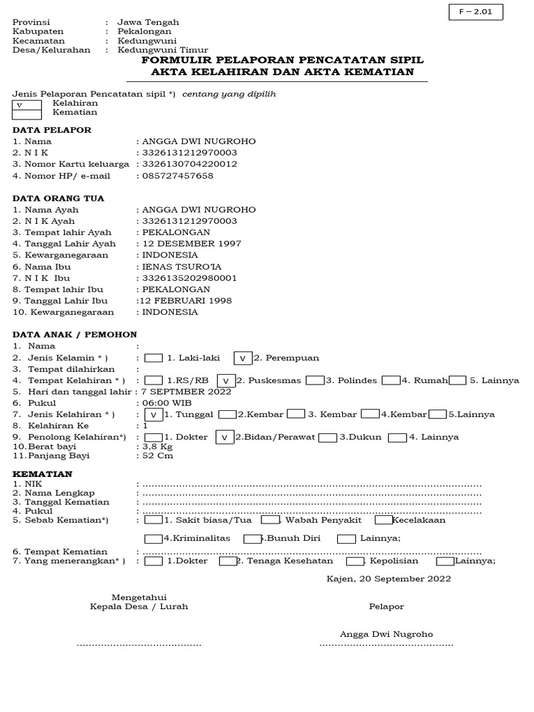 Formulir Pelaporan Pencatatan Sipil Akta Kelahiran & Kematian | PDF