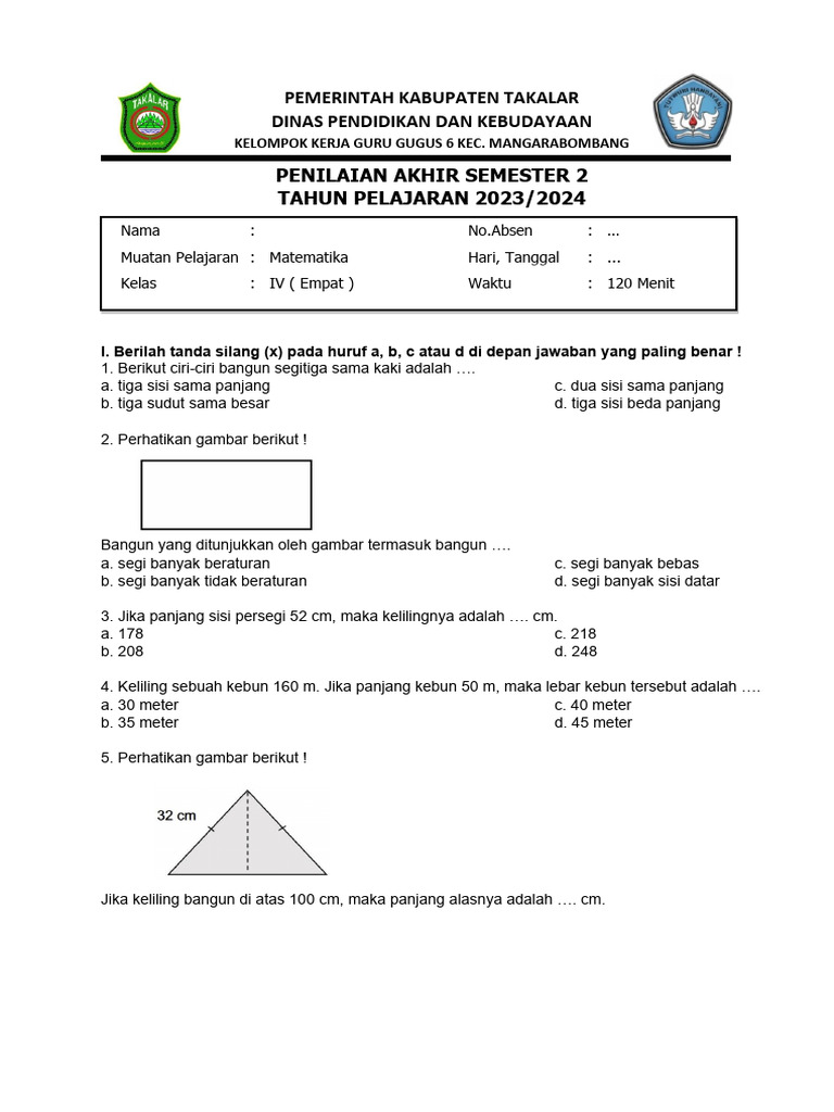 SOAL PAT Matematika Kelas 4 Semester 2 Tahun 2024 | PDF