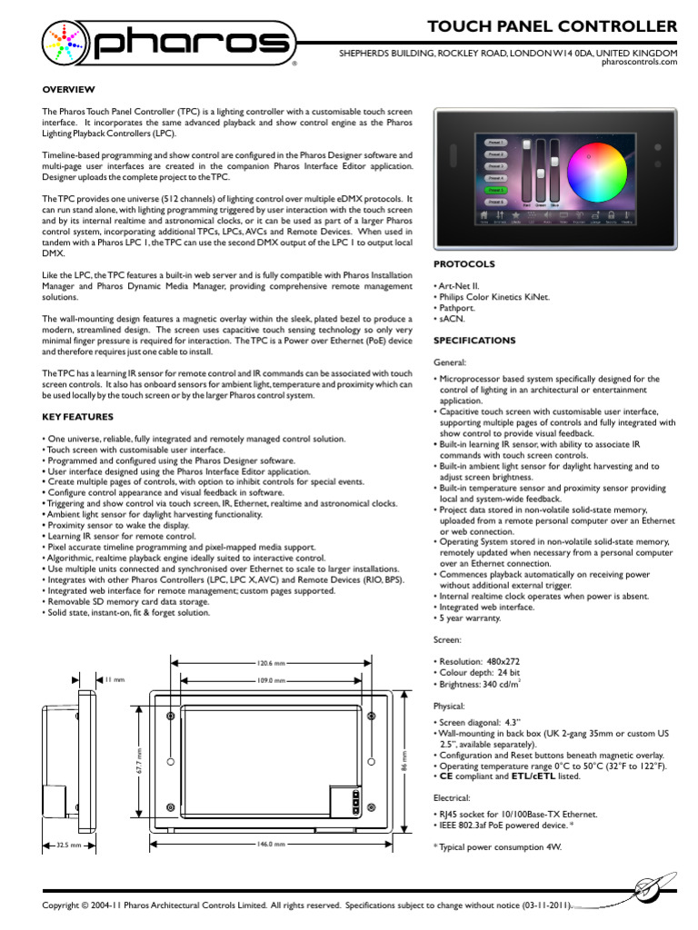 Platine Contrôle - Pharos - TPC - Datasheet 1 | PDF | Touchscreen | Solid State Drive