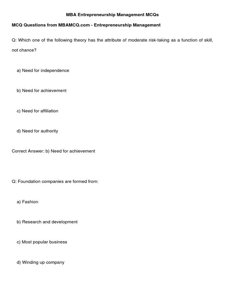 Entrepreneurship MCQs | Download Free PDF | Entrepreneurship | Venture Capital
