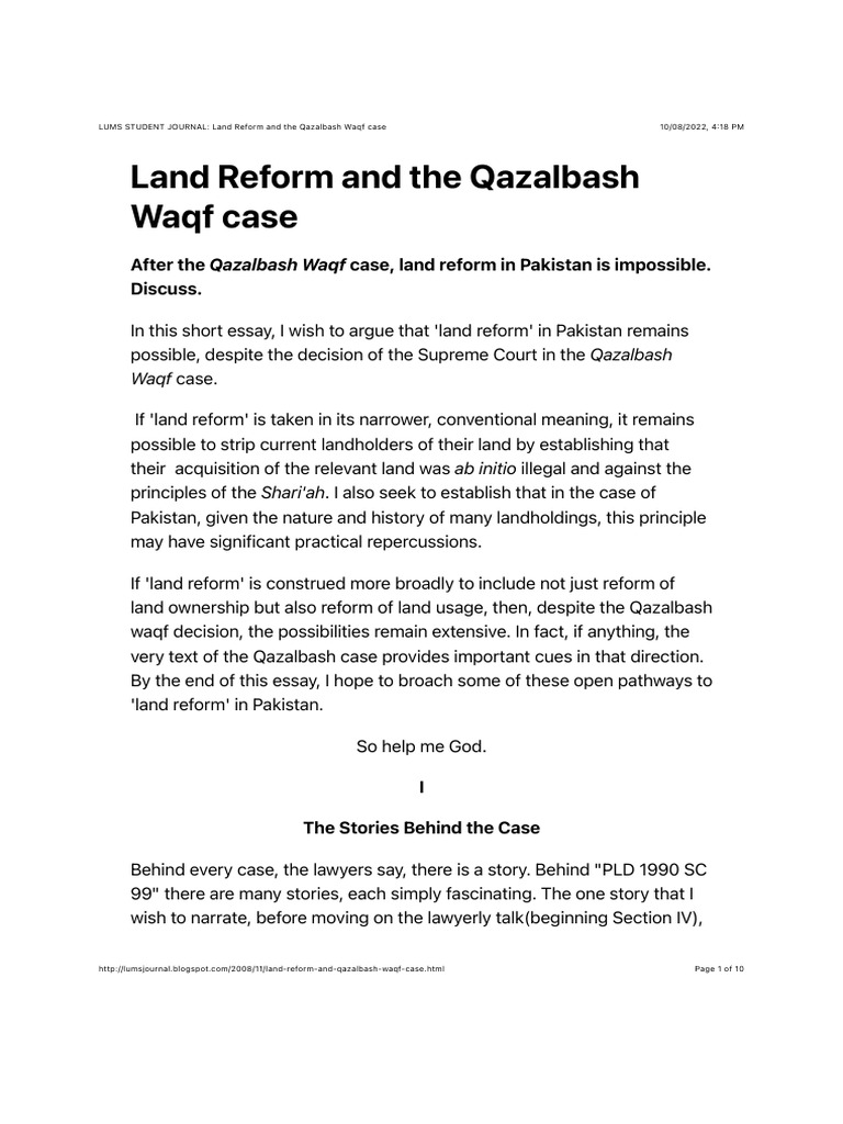 Umer Gilani, - Land Reforms and Qazalbash Waqf Case, Lums Student ...