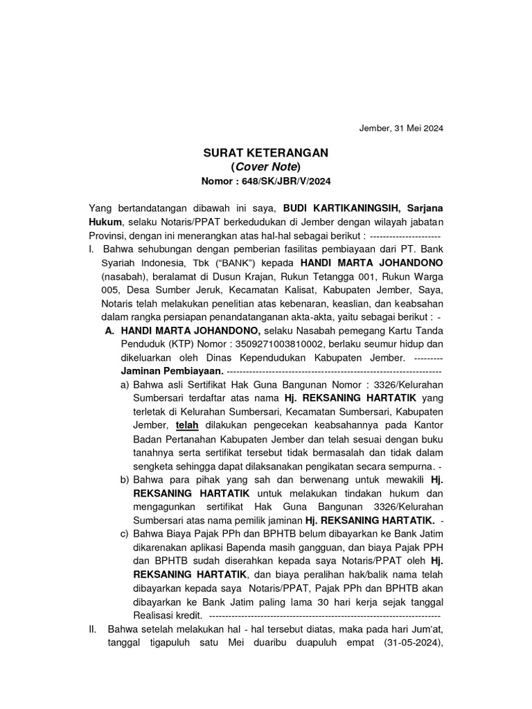 Covernote (HANDI MARTA J) Komersiil PDF | PDF