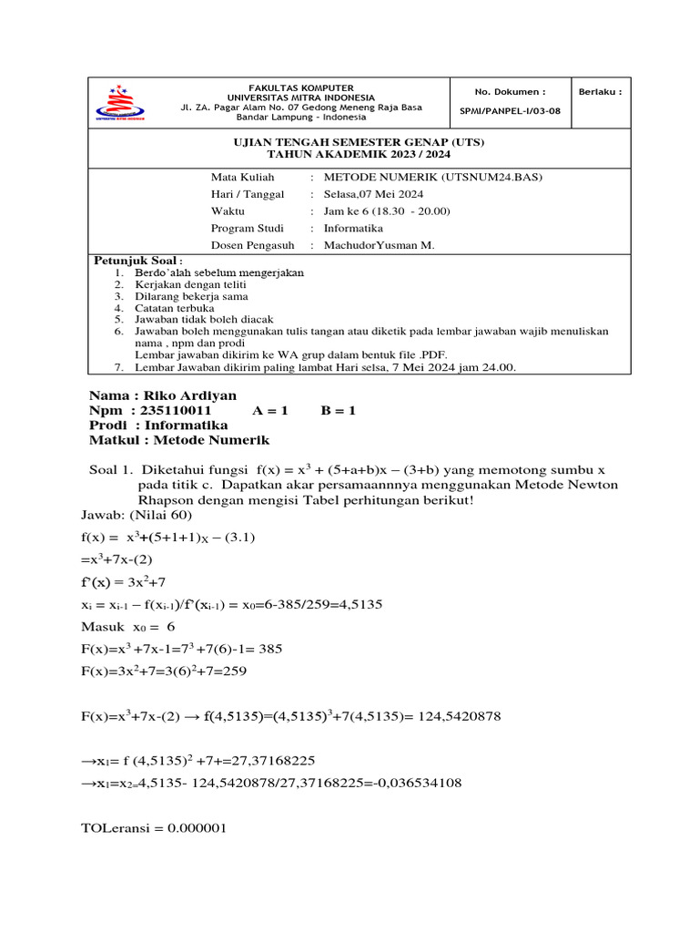 Riko Ardiyan Uts Metode Numerik | PDF | Metode & Bahan Ajar
