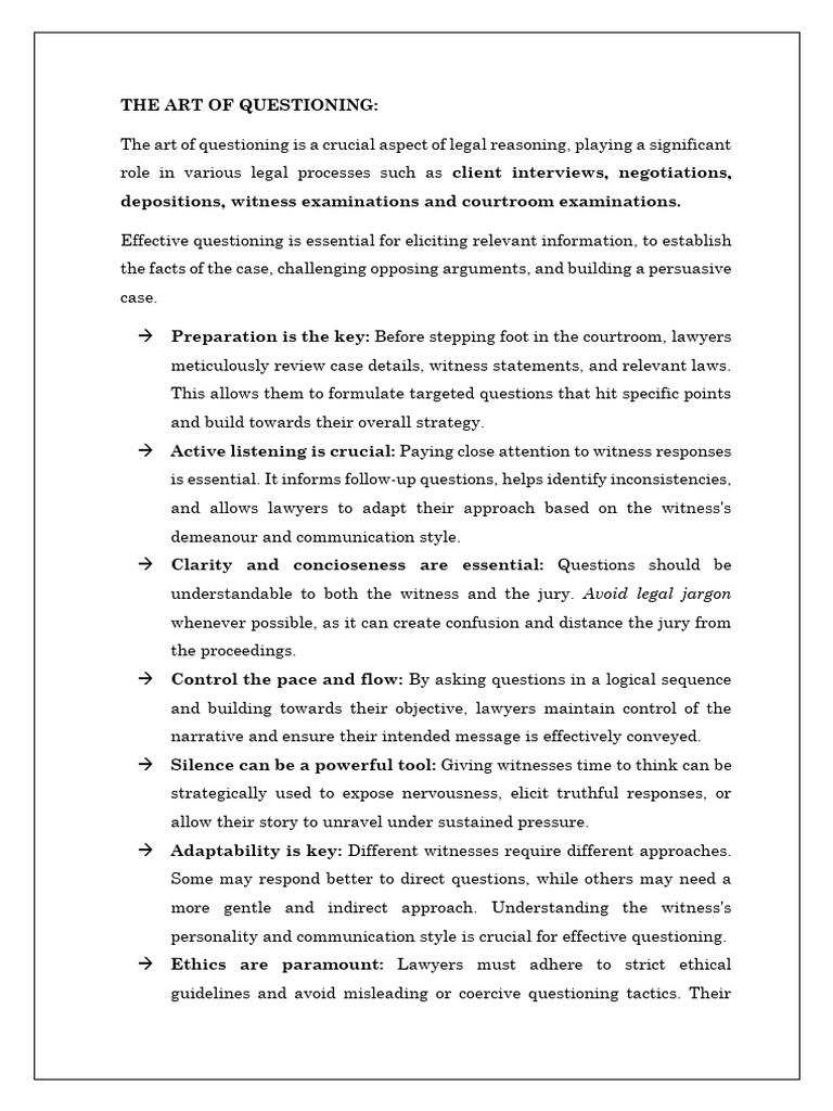 The Art of Questioning | PDF | Witness | Cross Examination