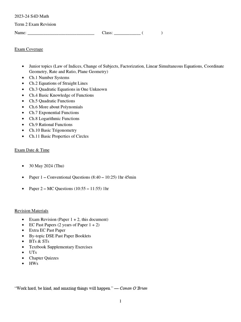 S4D Math T2 Exam Rev | PDF | Equations | Mathematical Relations