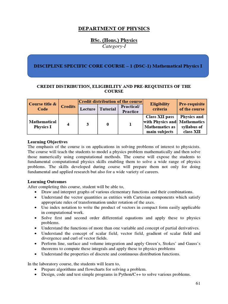 Sem I Syllabus BSC (Hons. Physics) | PDF | Force | Normal Mode
