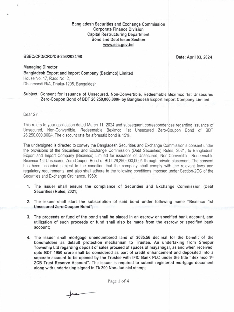 BSEC Consent BEXIMCO ZCB | PDF