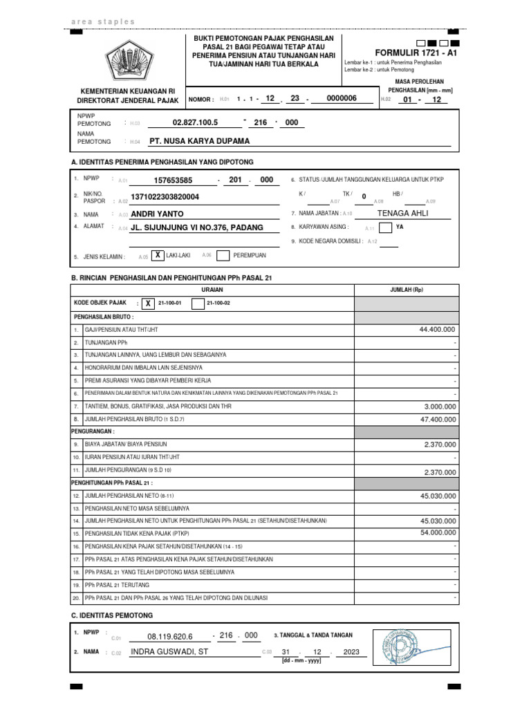 Bukti Pemotongan PPh 21 Form 1721-A1 | PDF