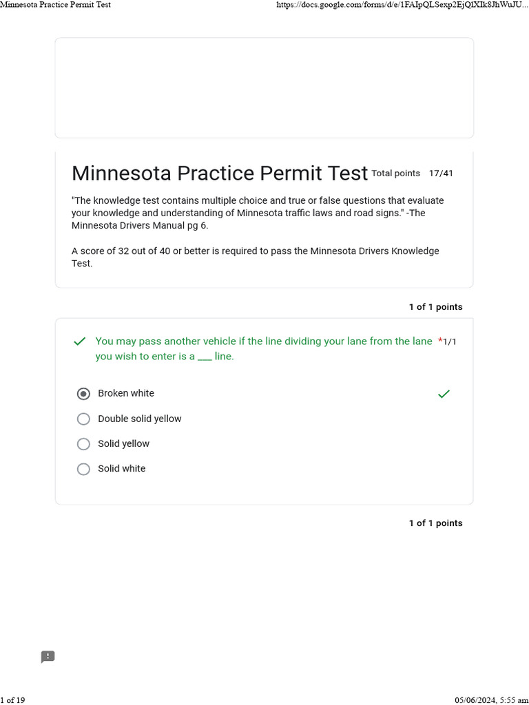 Minnesota Practice Permit Test | PDF | Intersection (Road) | Road Surface